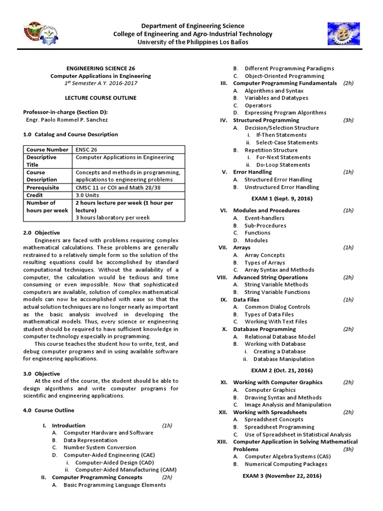 ENSC 26 Course Outline - Lecture - Rev - 2016!17!1st - Sem | PDF ...
