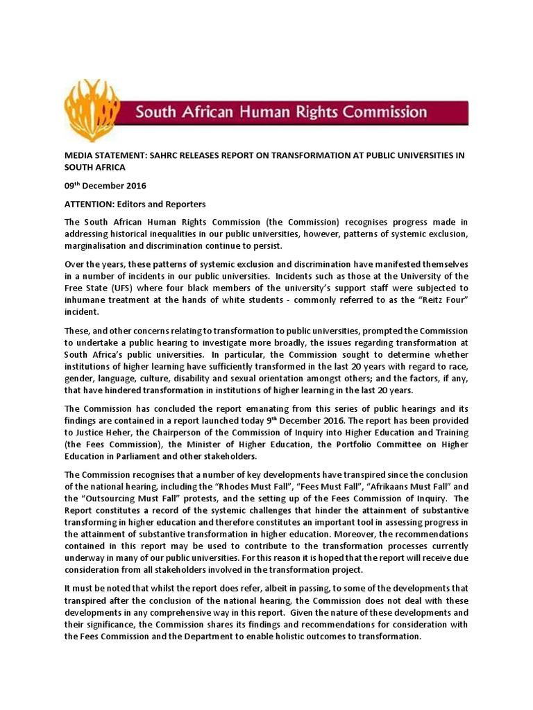 Sahrc Releases Report On Transformation at Public Universities in South ...