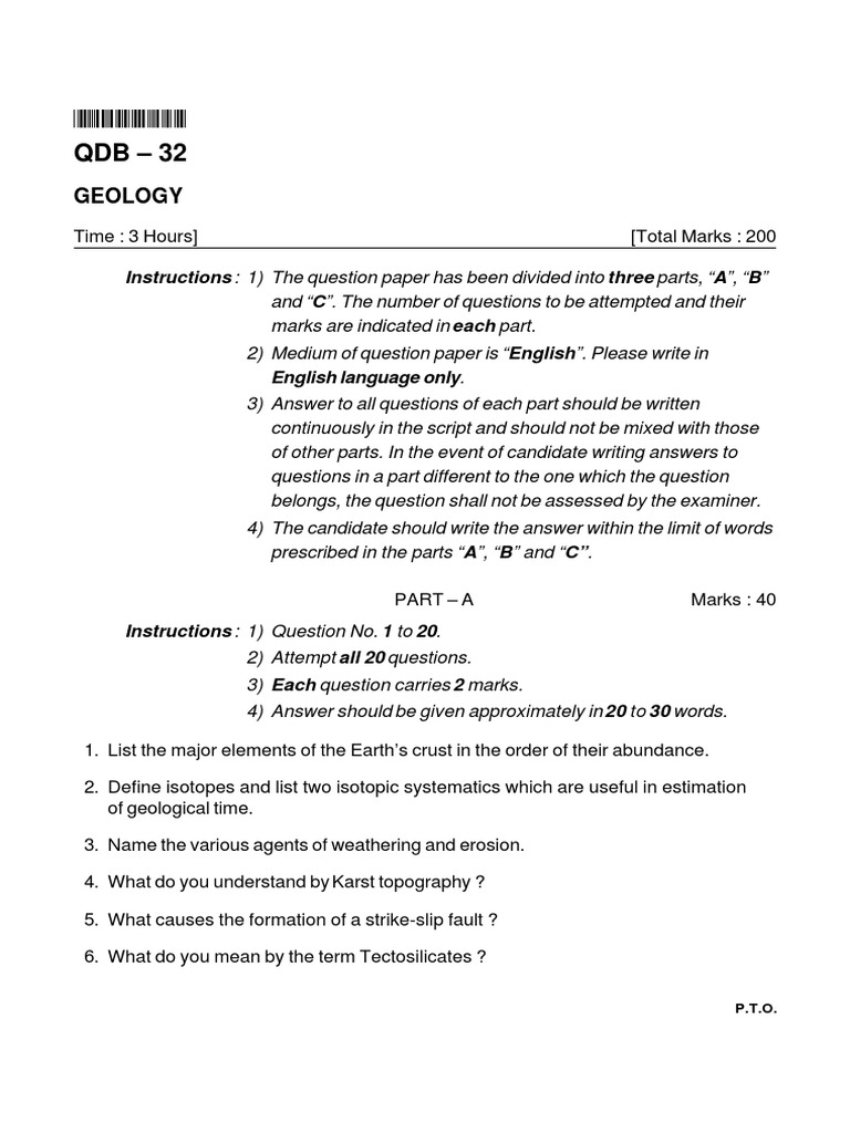 Geology: Instructions: 1) The Question Paper Has Been Divided Into ...