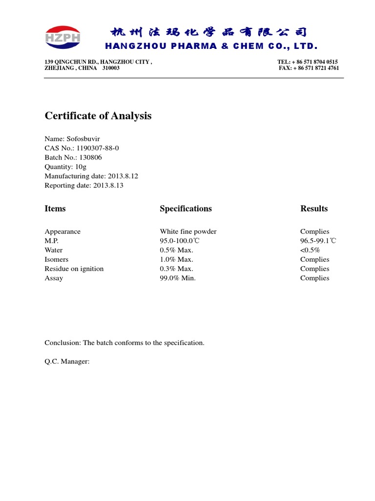 Certificate of Analysis: Hangzhou Pharma & Chem Co., LTD | PDF