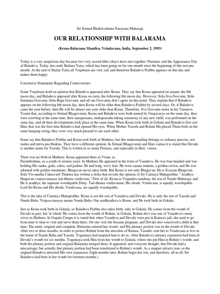 1993-07-08 - Vrindavana - Our Relationship With Balarama | PDF | Krishna | Hinduism