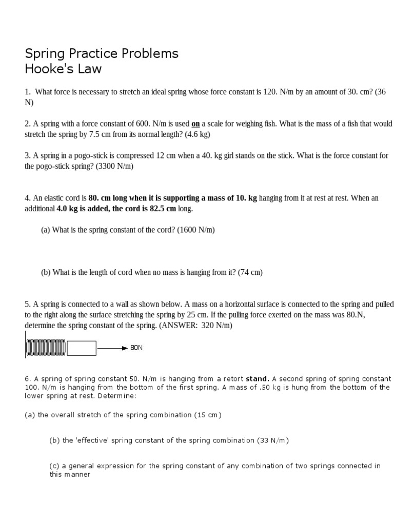 Hookes Law Practice Problems PDF | PDF | Force | Mass