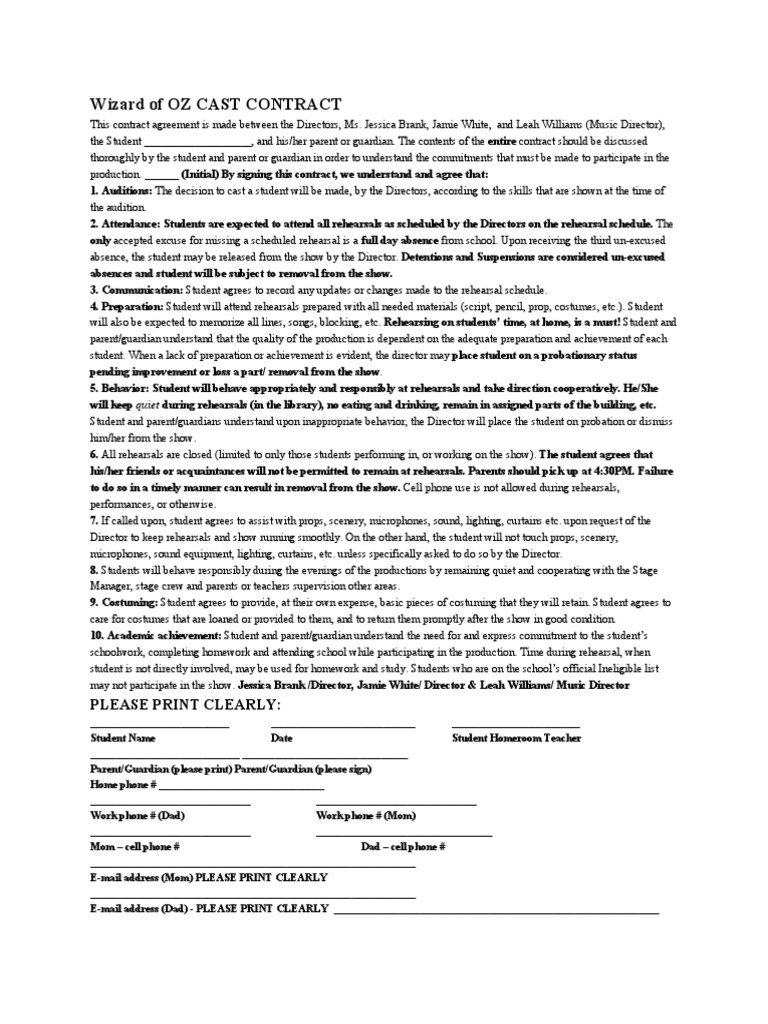 Wizard of Oz Cast Contract: Please Print Clearly | PDF | Further Education