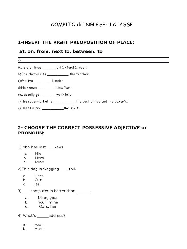 Compito Di Inglese-I Classe: 1-Insert The Right Preoposition of Place | PDF