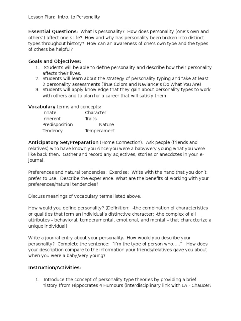 Personality Types: Lesson Plan Overview | PDF | Lesson Plan | Communication