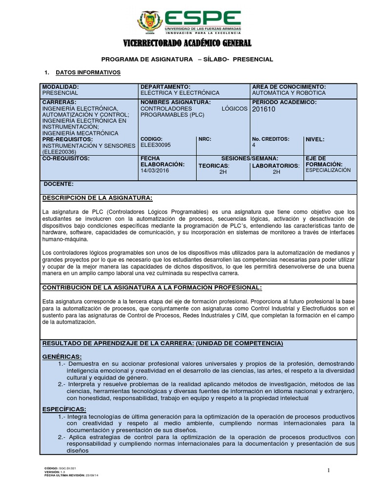 Silabo PLC Formato Espe 2016 v2 | PDF | Controlador lógico programable | Automatización