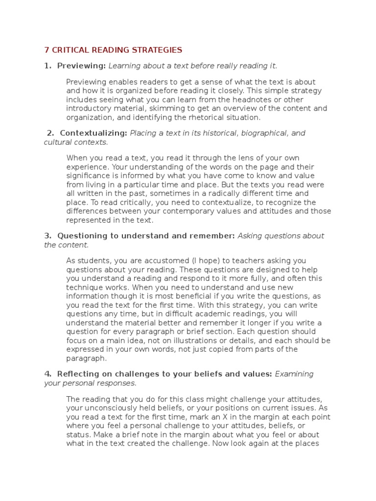7 Critical Reading Strategies Reading Comprehension Argument