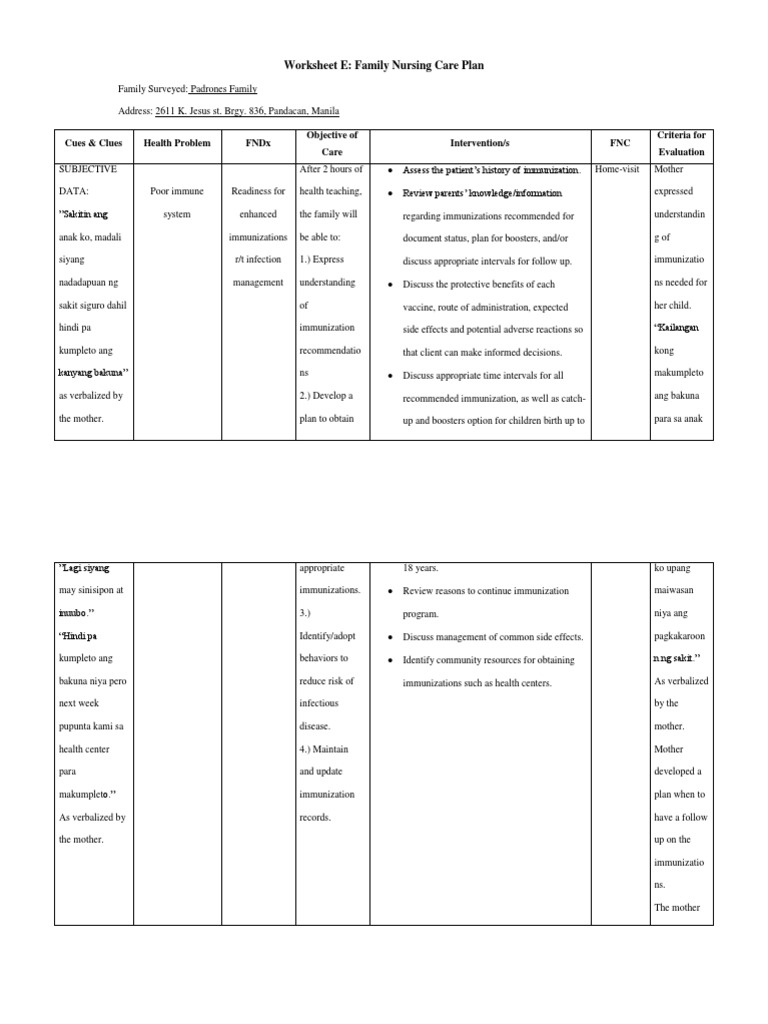 Family Nursing Care Plan: Immunization Guide | PDF