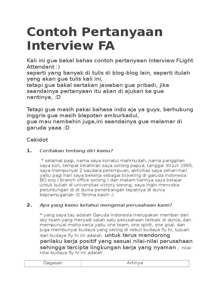 Contoh Pertanyaan Interview FA | PDF