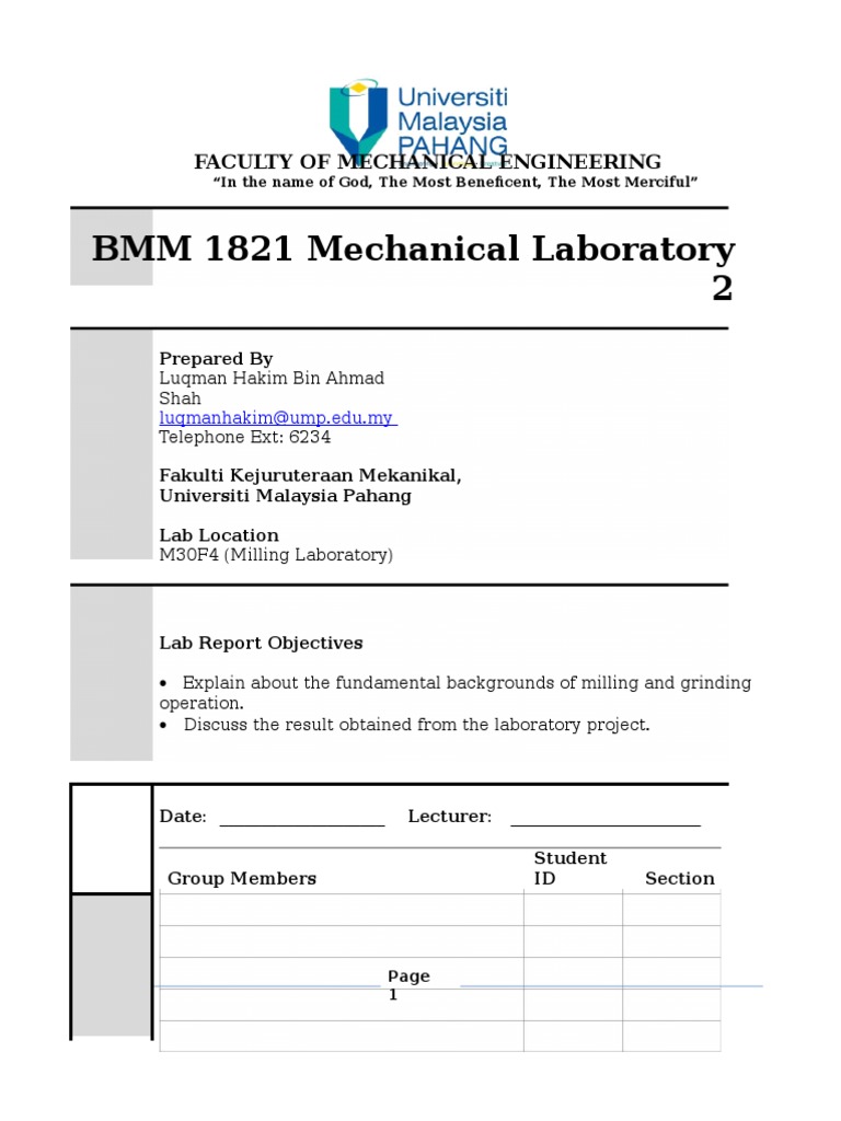 Report of Milling Project Lab 2 | PDF | Crafts | Industries