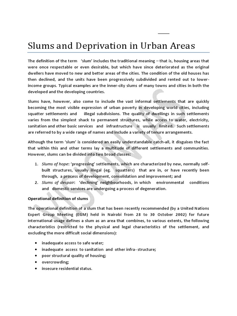 Slums and Deprivation in Urban Areas | PDF | Slum | Urbanization