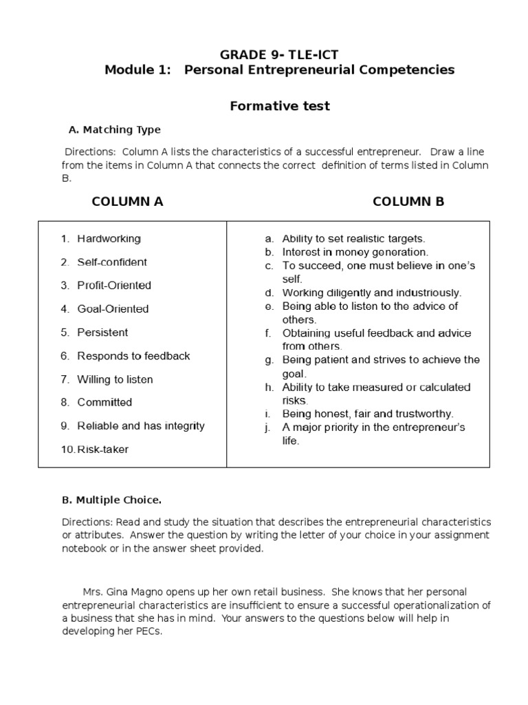 GRADE 9 | Multiple Choice | Entrepreneurship
