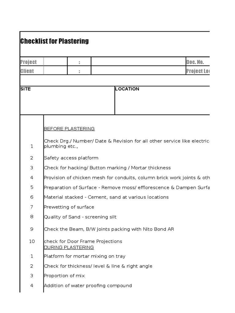 Checklist For Plastering: Project: Doc. No. Client: Project Location | PDF
