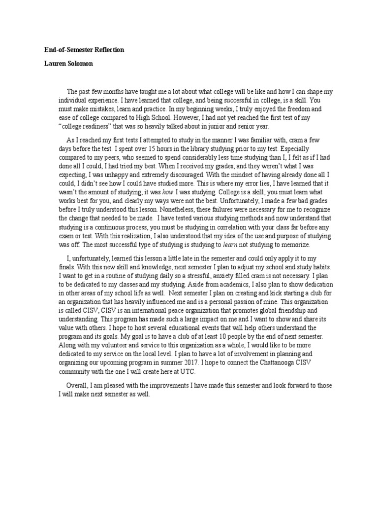 End-of-Semester Reflection Lauren Solomon | Test (Assessment ...