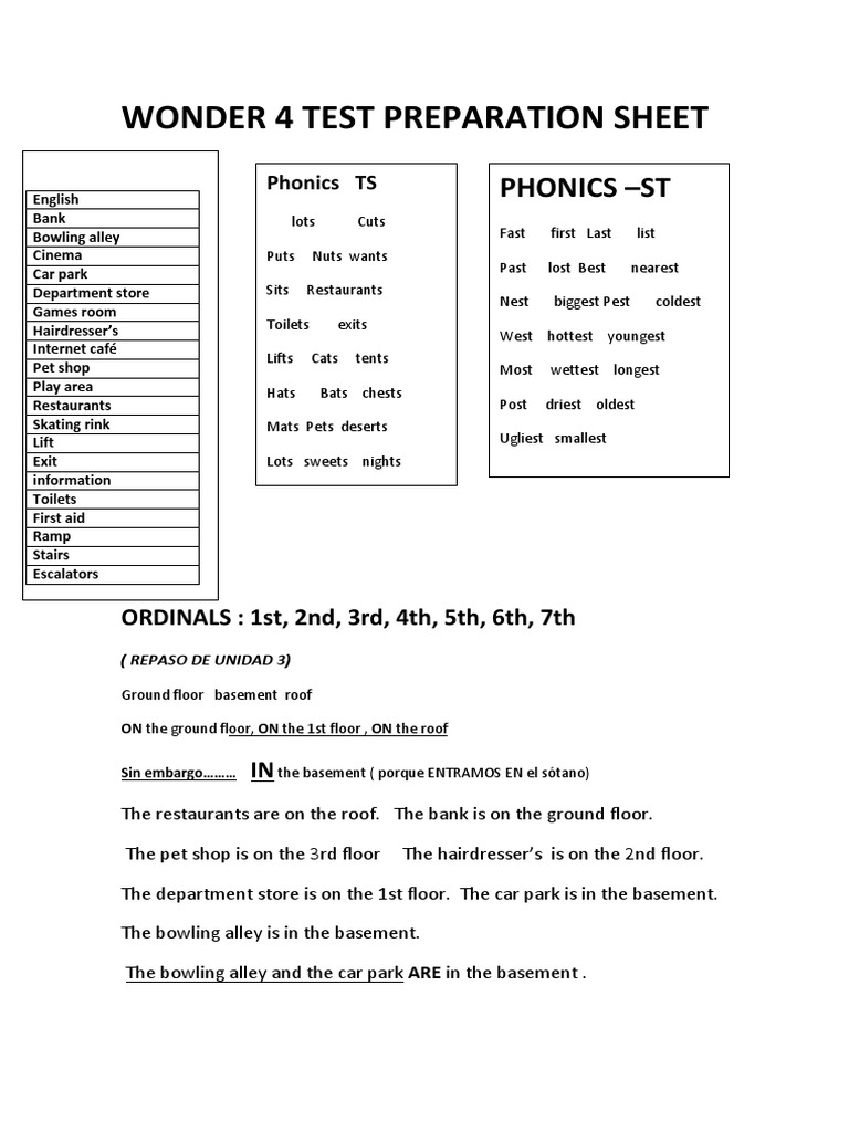 Wonder 4 Test Prep: Ordinals & Phonics | PDF