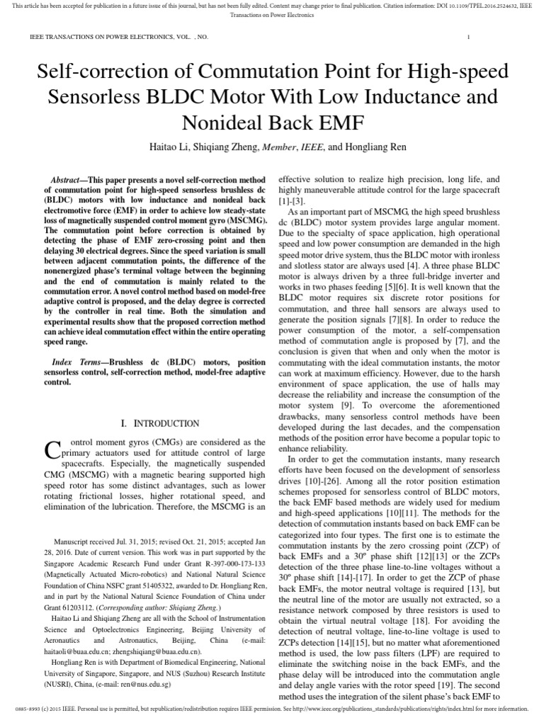 Self Correction Of Commutation Point For High Speed Sensor Less Bldc Motor With Low Inductance