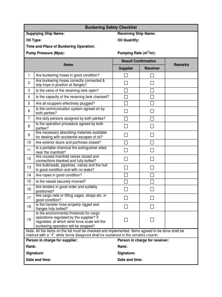 Bunkering Safety Checklist PDF | PDF