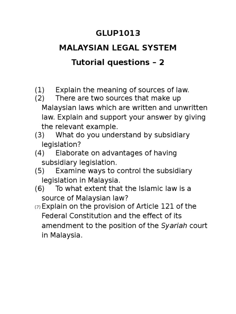 GLUP1013 Malaysian Legal System Tutorial Questions - 2 | PDF