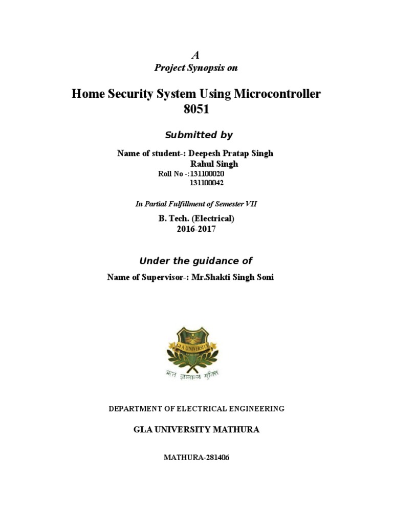 Home Security System Using Microcontroller 8051: Project Synopsis On ...
