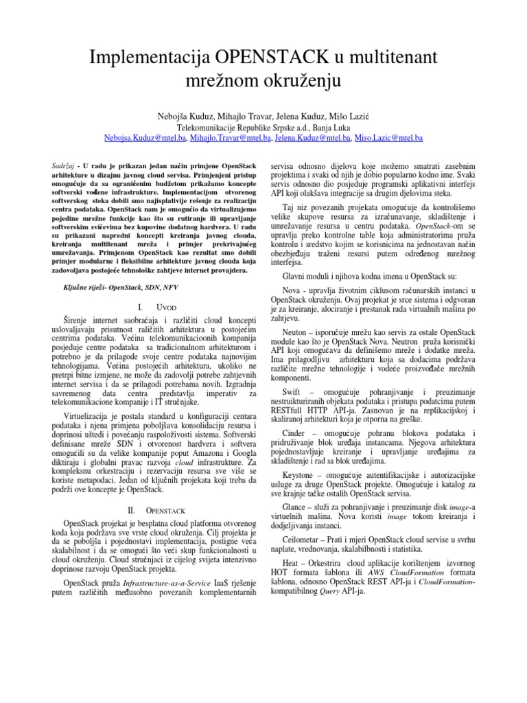 Implementacija OPENSTACK U Multitenant Mreznom Okruzenju | PDF