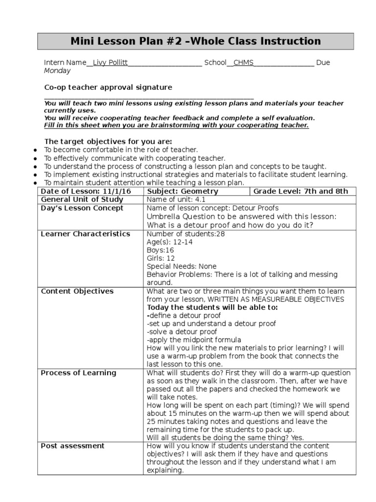 Mini Lesson Plan #2 - Whole Class Instruction: Monday | Download Free ...