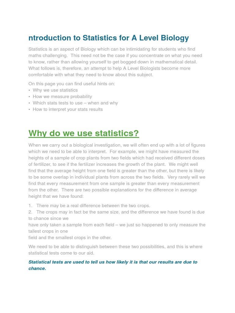 Ntroduction To Statistics For A Level Biology | PDF | Statistical ...