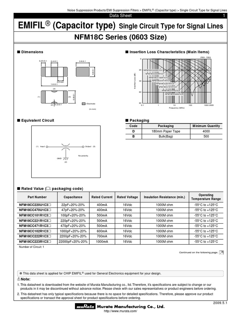 Emifil (Capacitor Type) : Single Circuit Type For Signal Lines NFM18C ...