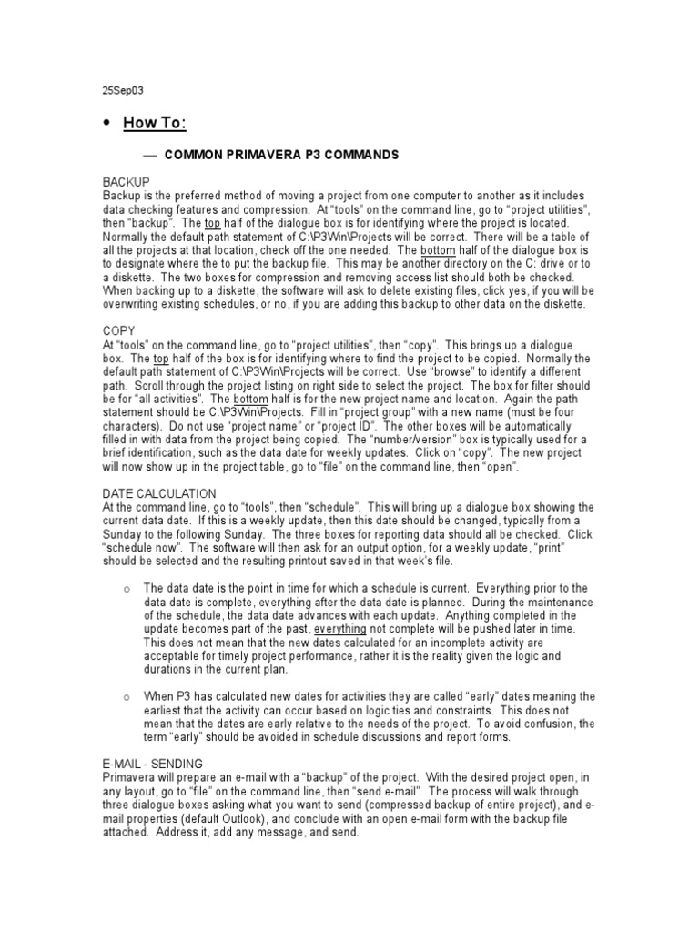 How To:: Common Primavera P3 Commands | PDF | Backup | Command Line ...