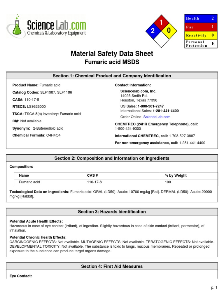 Msds Fumaric Acid | PDF | Toxicity | Personal Protective Equipment
