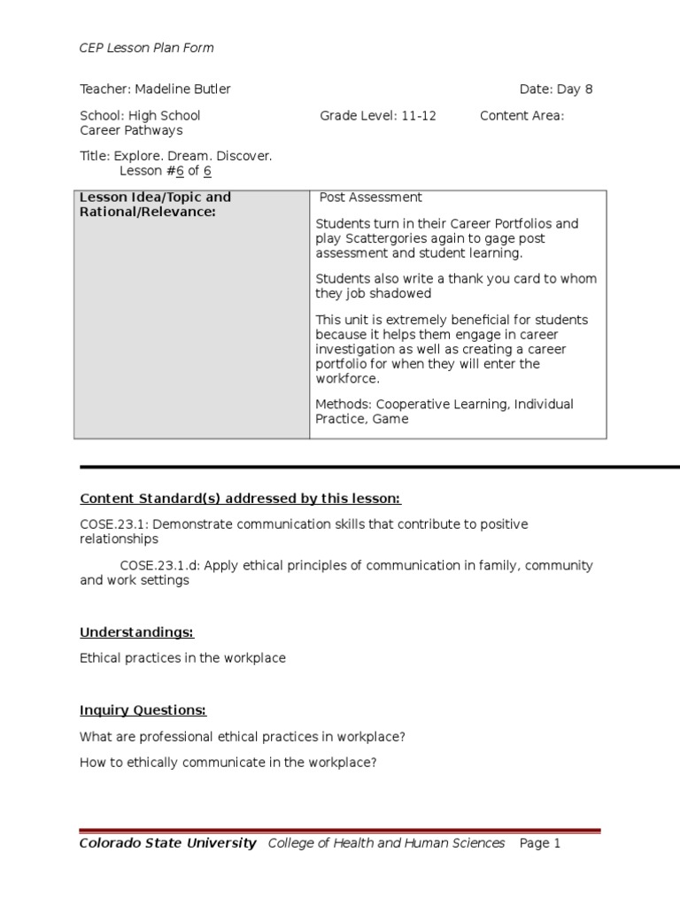 Lesson Idea/Topic and Rational/Relevance:: CEP Lesson Plan Form | PDF ...
