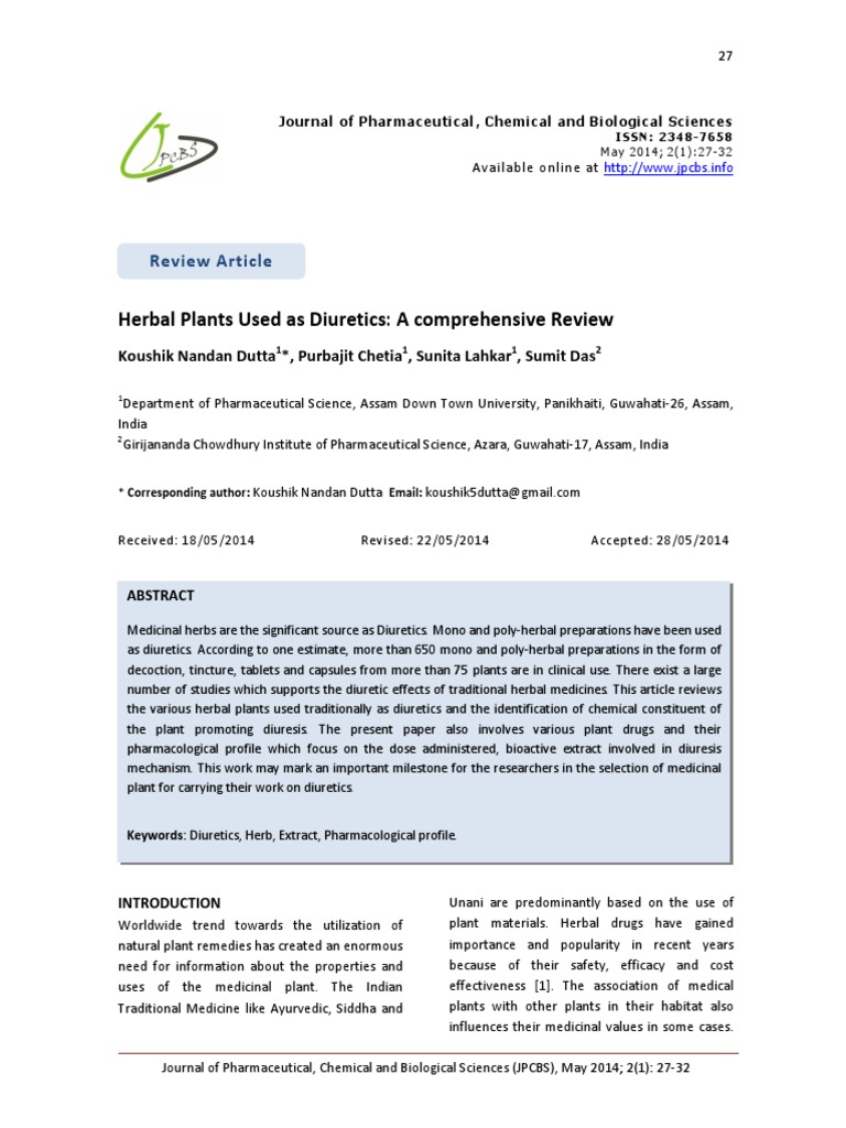 Herbal Plants Used As Diuretics: A Comprehensive Review | PDF ...
