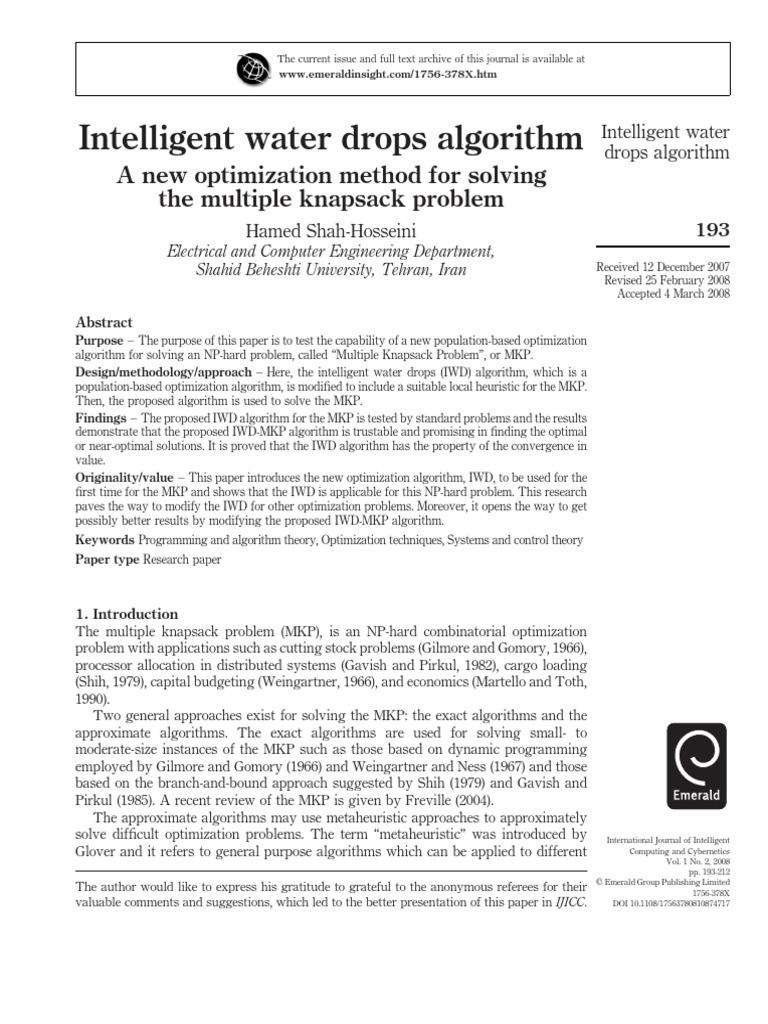 Intelligent Water Drops Algorithm A New Optimization Method For Solving Multiple Knapsack ...