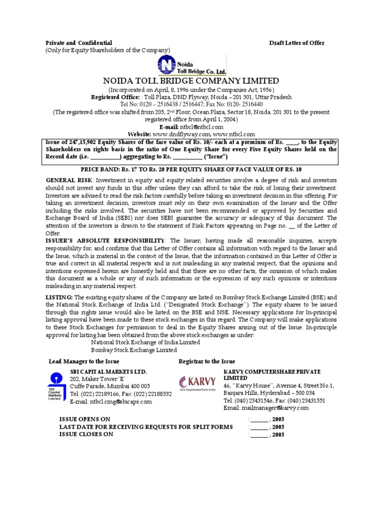 Draft Letter of Offer for Rights Issue of Equity Shares by Noida Toll ...