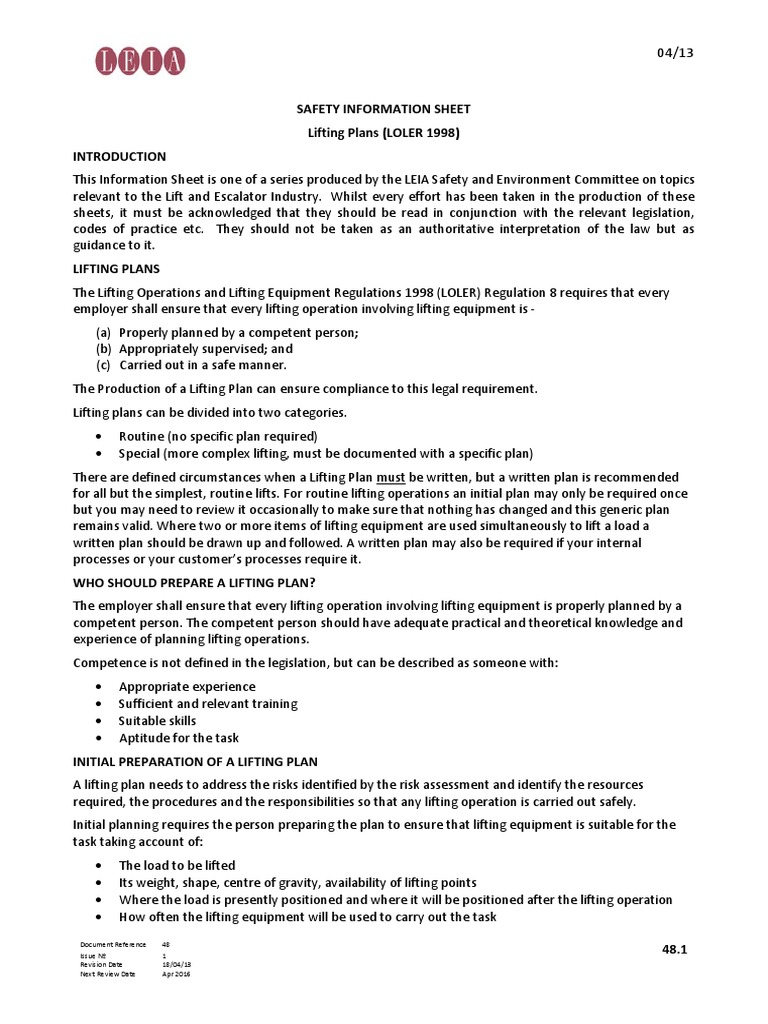 Safety Information Sheet Lifting Plans (LOLER 1998) | PDF | Elevator ...