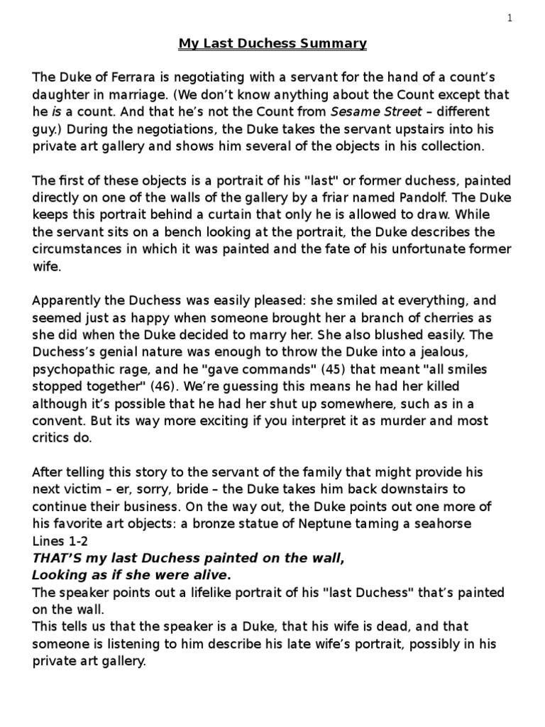 Summary of My Last Duchess Poem | PDF