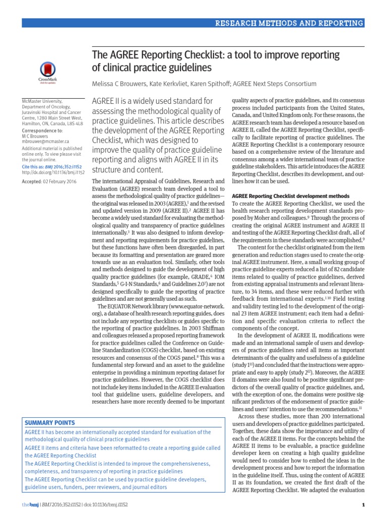 The AGREE Reporting Checklist - A Tool To Improve Reporting of Clinical ...
