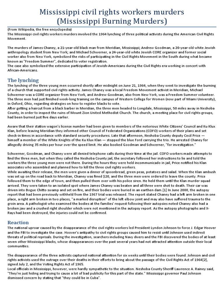 Mississippi Civil Rights Workers Murders | PDF | Mississippi | Human Rights