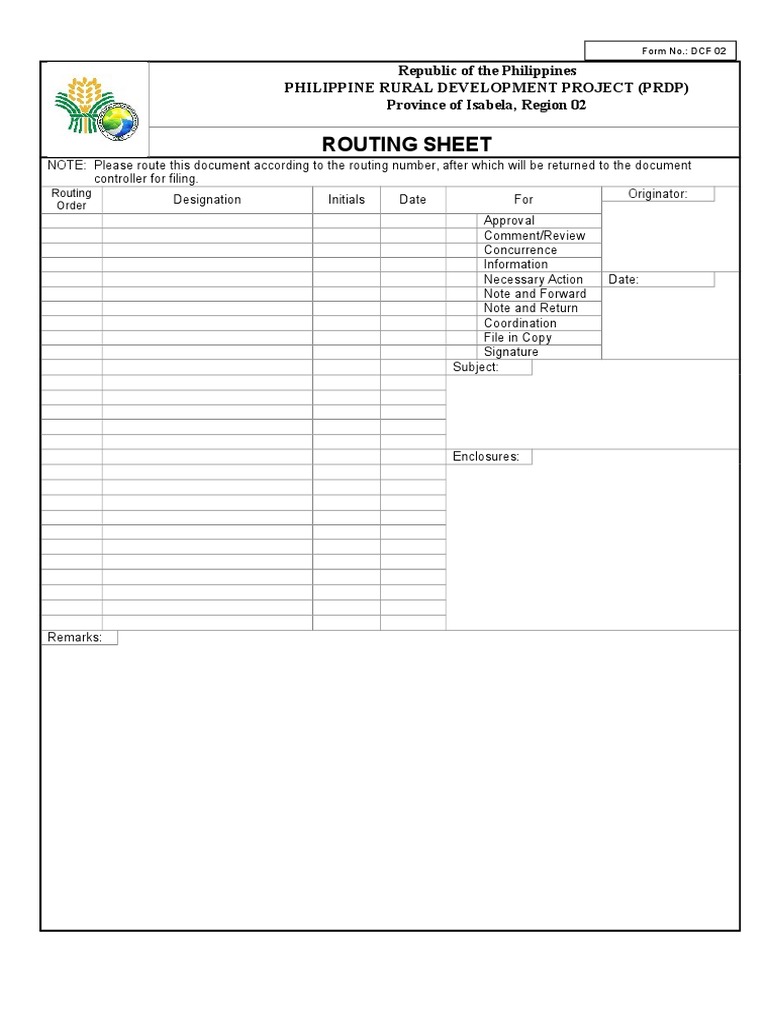 Routing Sheet: Republic of The Philippines Philippine Rural Development ...