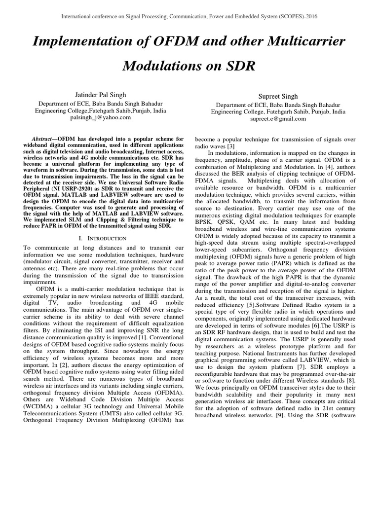 Implementation of OFDM and Other Multicarrier Modulations On SDR | PDF