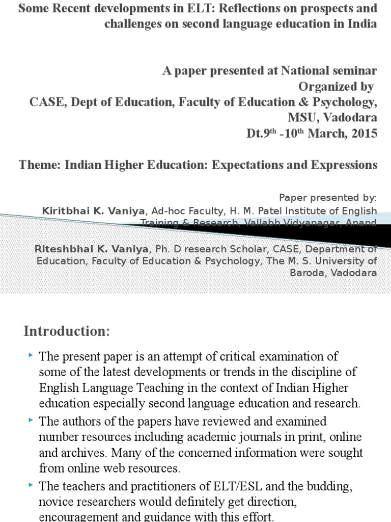 Prospects and challenges of recent developments in ELT in India | PDF ...