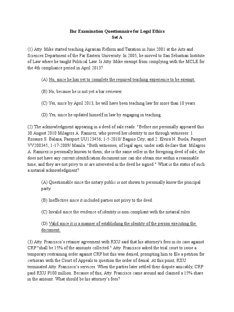 Bar Examination Questionnaire For Legal Ethics | PDF | Contempt Of ...