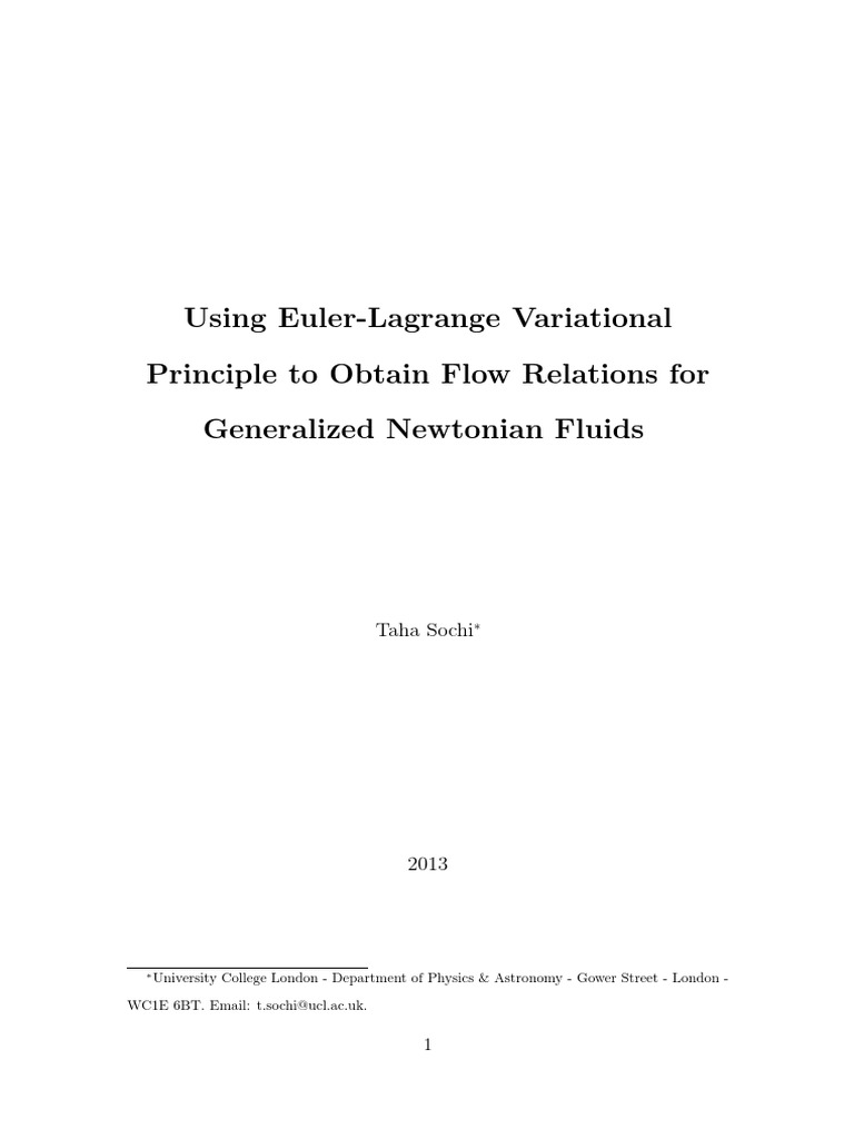 Using Euler-Lagrange Variational Principle To Obtain Flow Relations For Generalized Newtonian ...