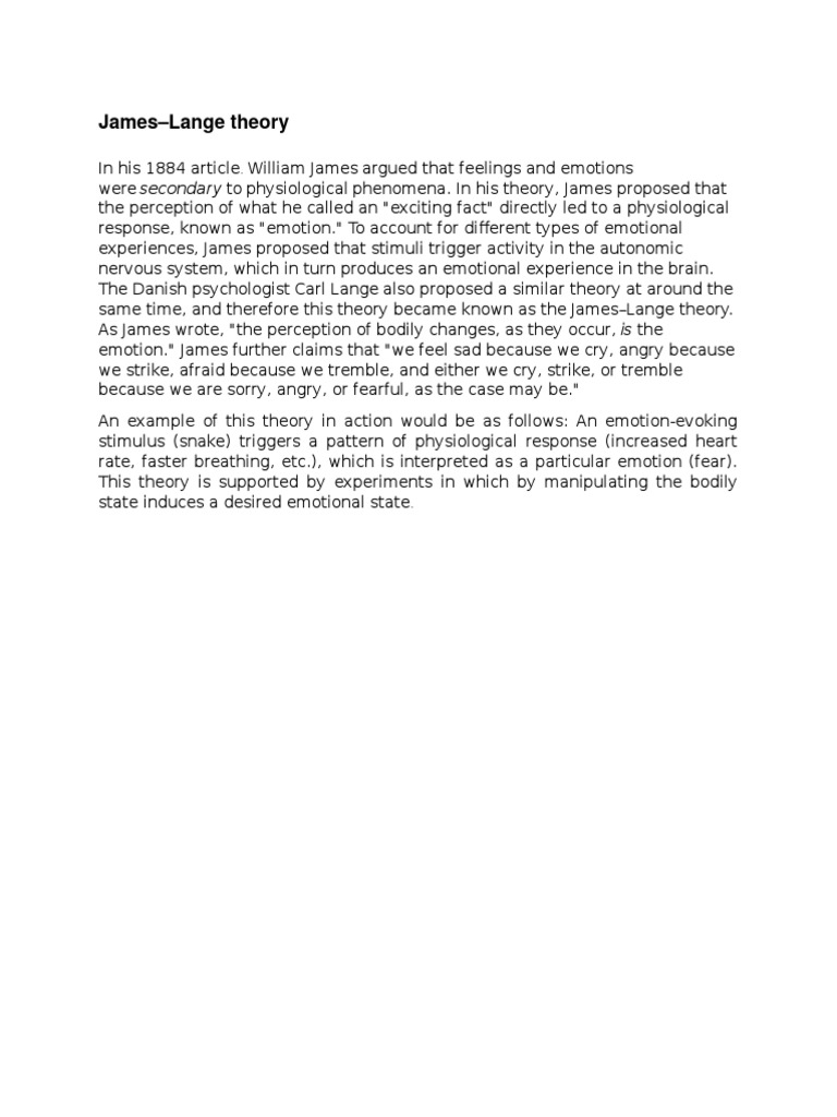 James-Lange Theory: Secondary | PDF | Emotions | Clinical Psychology