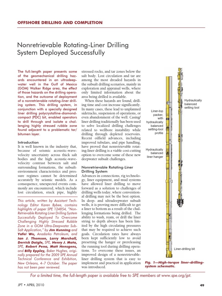 Nonretrievable Rotating-Liner Drilling System Deployed Successfully ...