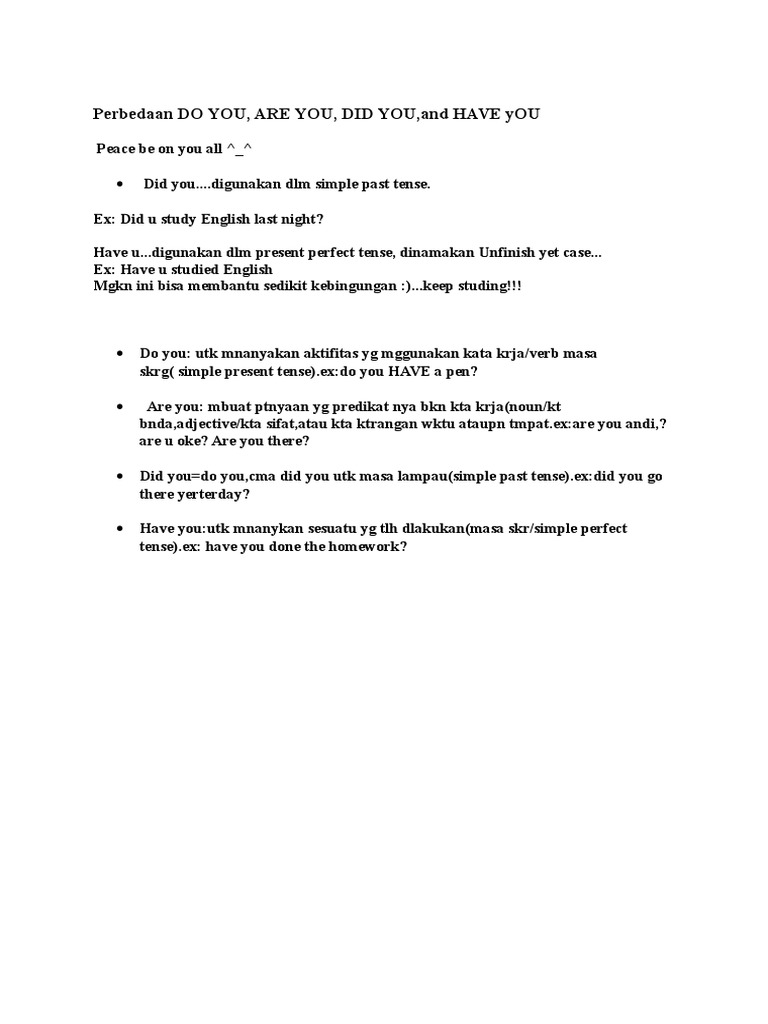 Perbedaan Do You, Are You, Did You, and Have You | PDF