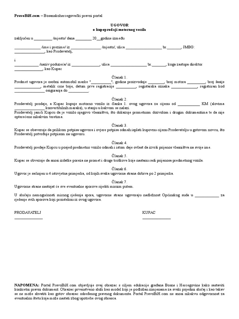 Obrazac - Ugovor o Kupoprodaji Motornog Vozila 03 | PDF