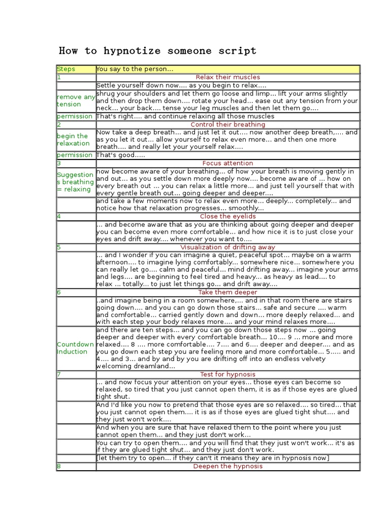 How To Hypnotize Someone Script | PDF | Hypnosis | Relaxation (Psychology)