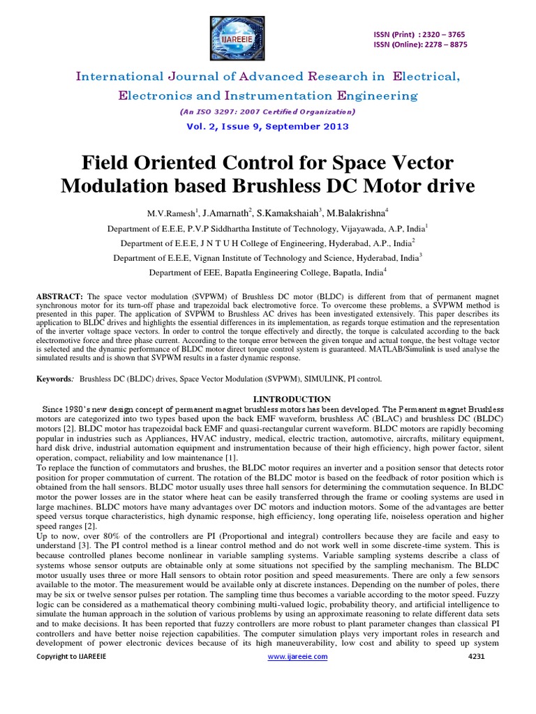 Field Oriented Control For Space Vector Modulation Based Brushless DC Motor Drive | PDF ...