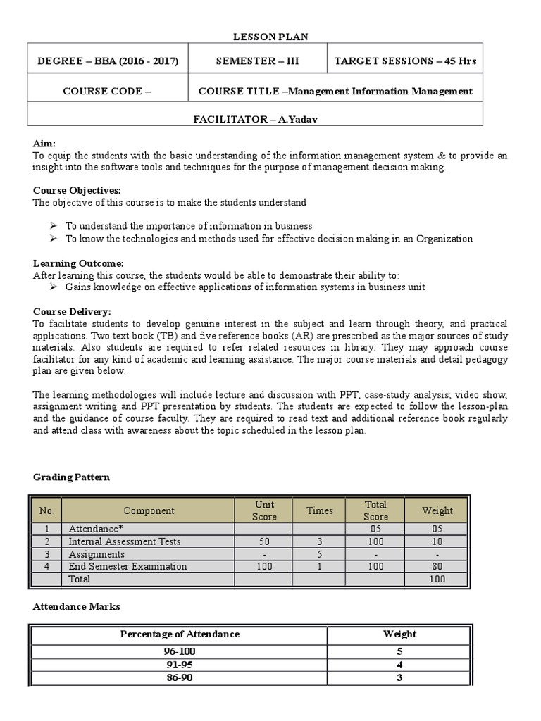 Lesson Plan - MIS | PDF | Management Information System | Lesson Plan