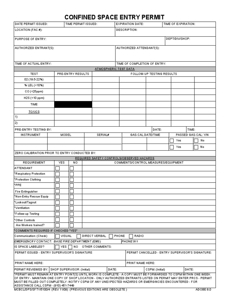 Confined Space Entry Permit Form | PDF | Labor Relations | Working ...